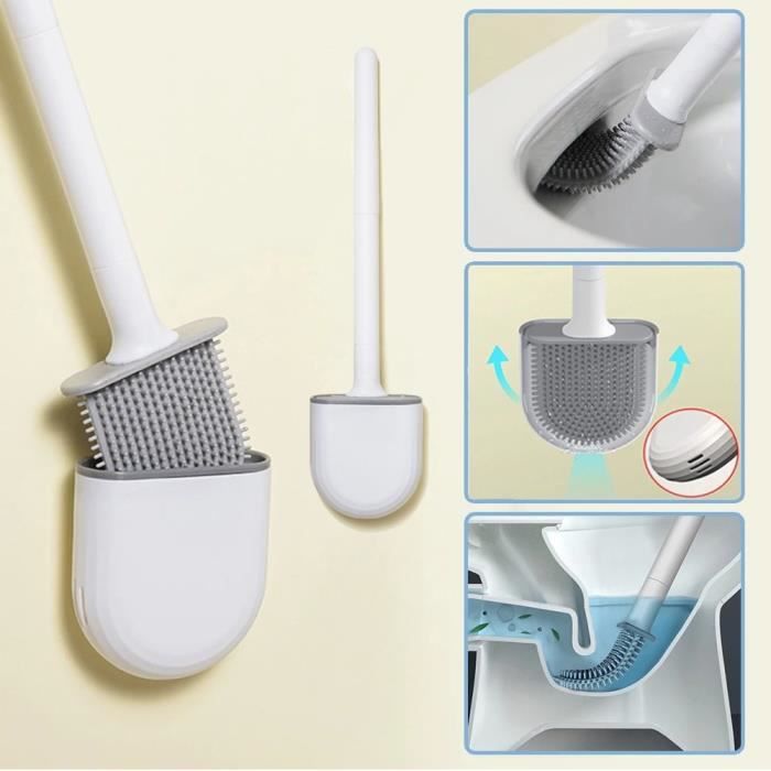 Brosse de toilette avec base en silicone Wc tête plate brosse à poils souples flexibles avec ...