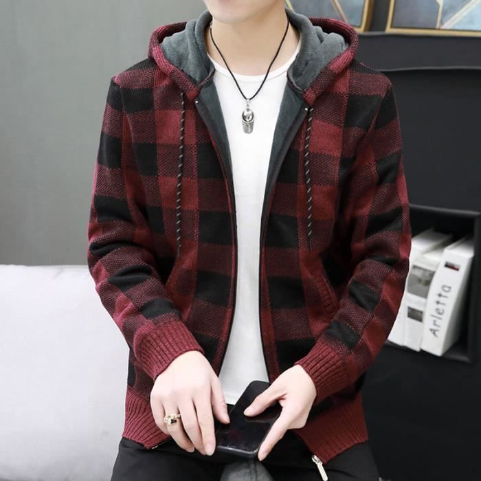 Gilet-cardigan,Pull épais surdimensionné à carreaux pour homme, manteau chaud, décontracté ...