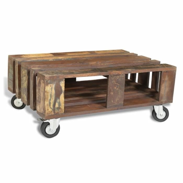 Table basse - QQMORA - AIR85511 - Bois recyclé - 4 roulettes - Style ...