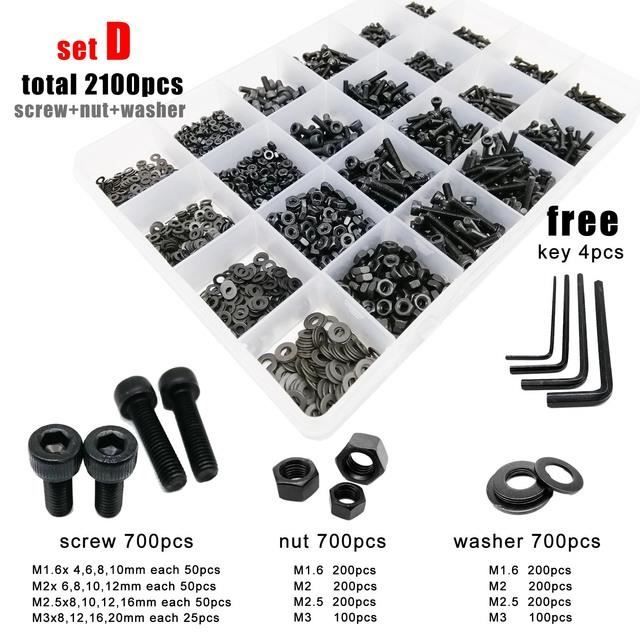 VIS,set D 2100pcs--Kit'assortiment de rondelles'écrou, 400-2100 pièces, M1.6 M2 M2.5 M3 M4 ...