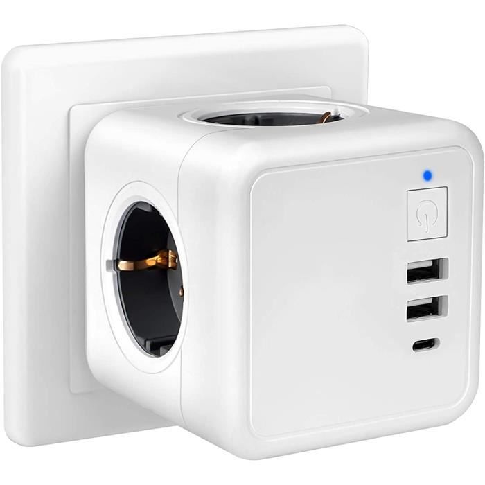 Multiprise cube usb, multiprise murale cube avec 4 prises 2 ports usb et 1 port type c, prise ...