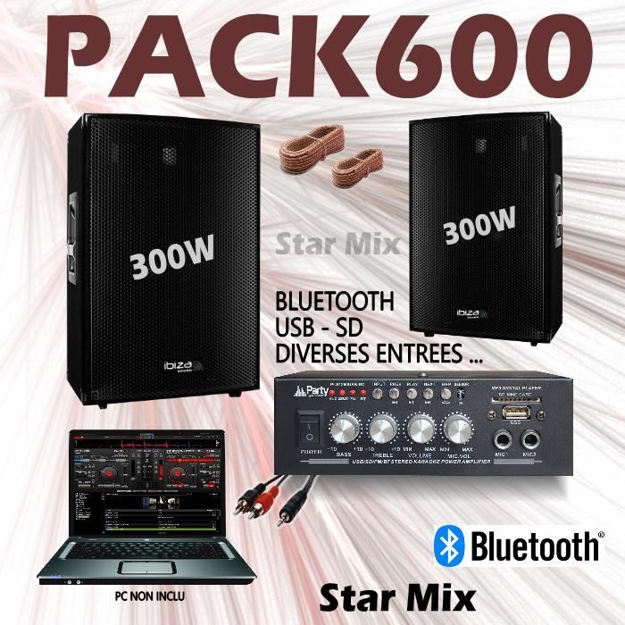 PACK SONO 600 + AMPLI + 2 ENCEINTES 300W PA DJ SONO LED LIGHT CLUB BAR ...