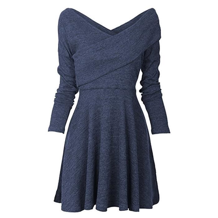 Minetom Femme Automne Hiver Pull Robe Col V Casual Manche Longue Mini ...