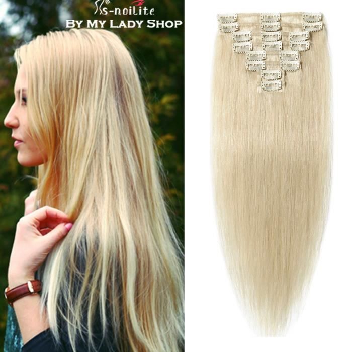 55CM 75G Extensions Cheveux humains Naturels a Clips 8Pcs Lisse - #60 ...