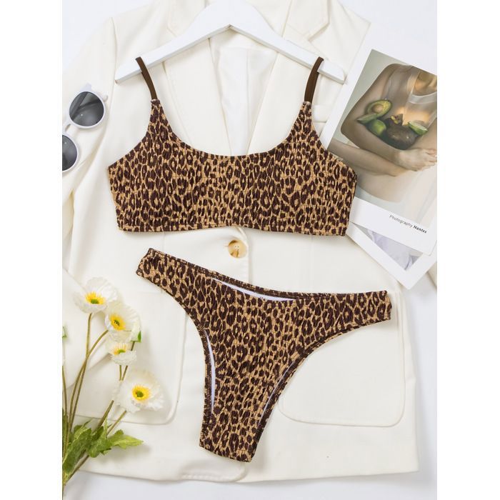 Sexy froissé bandeau imprimé léopard bikinis ensembles deux pièces ...