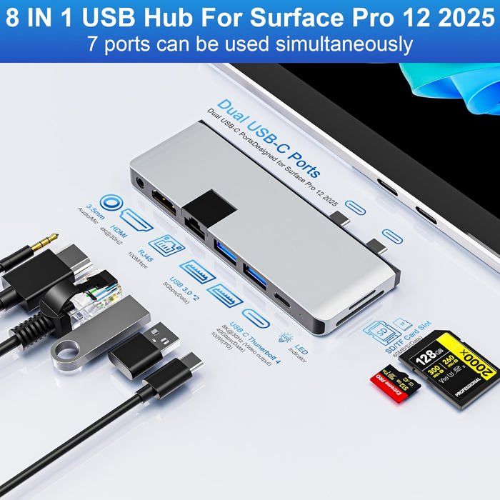 Surface Pro 12 2025 Hub Usb C, Surface Pro 12 Docking Station Avec Hdmi ...