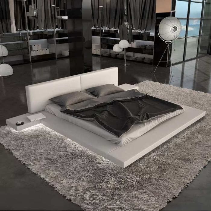 Grand Lit plateforme king size blanc 180 x 200 XXL tables de chevets ...