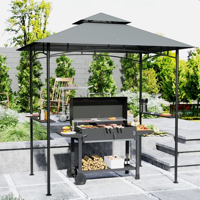 Tonnelle de barbecue 240x150x258 cm avec toit double couche éclairage ...