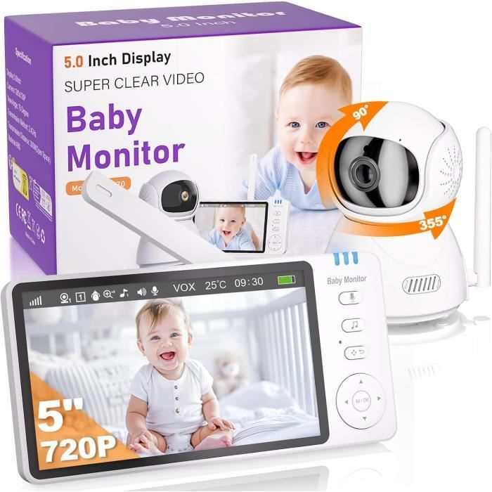 OBVHNUA Babyphone Camera Bebe 5 inches Babyphone Video 720P HD Écran ...