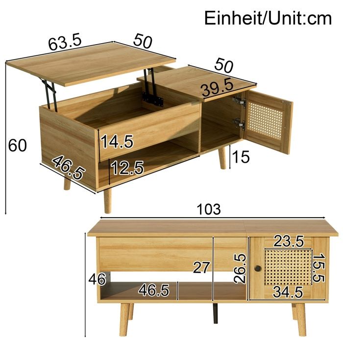 Table basse relevable 103x50x60cm Table basse moderne en bois avec ...