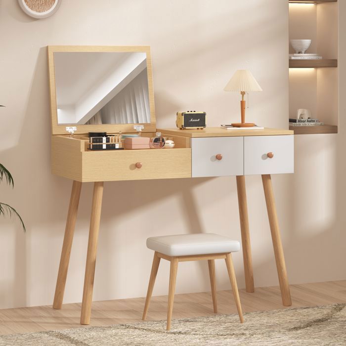 Coiffeuse Chic avec Miroir, Table de Maquillage à 3 Tiroirs, Vanité en ...
