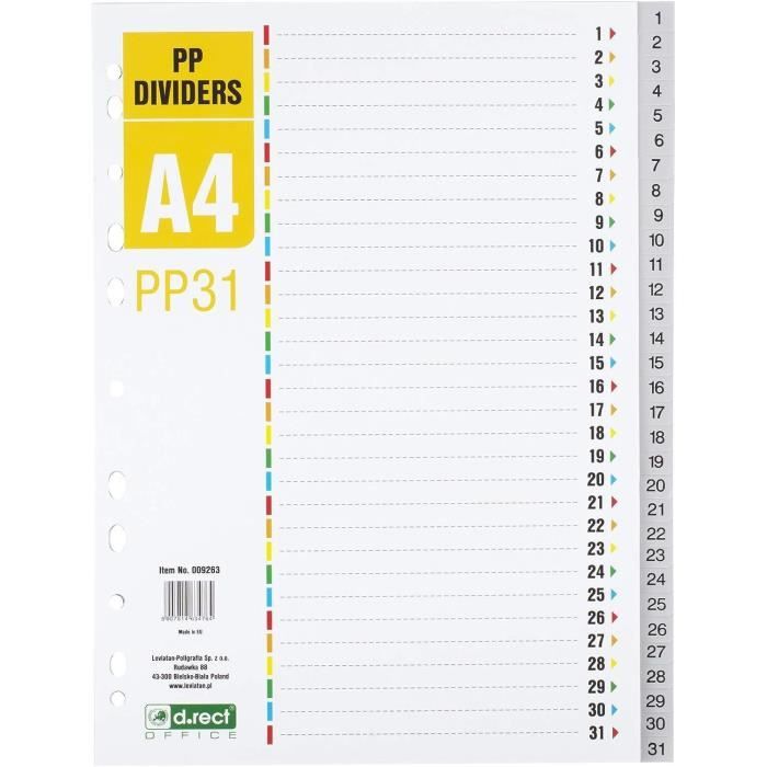 D.RECT Intercalaires pour A4, PP31, 31 intercalaires, onglets avec ...
