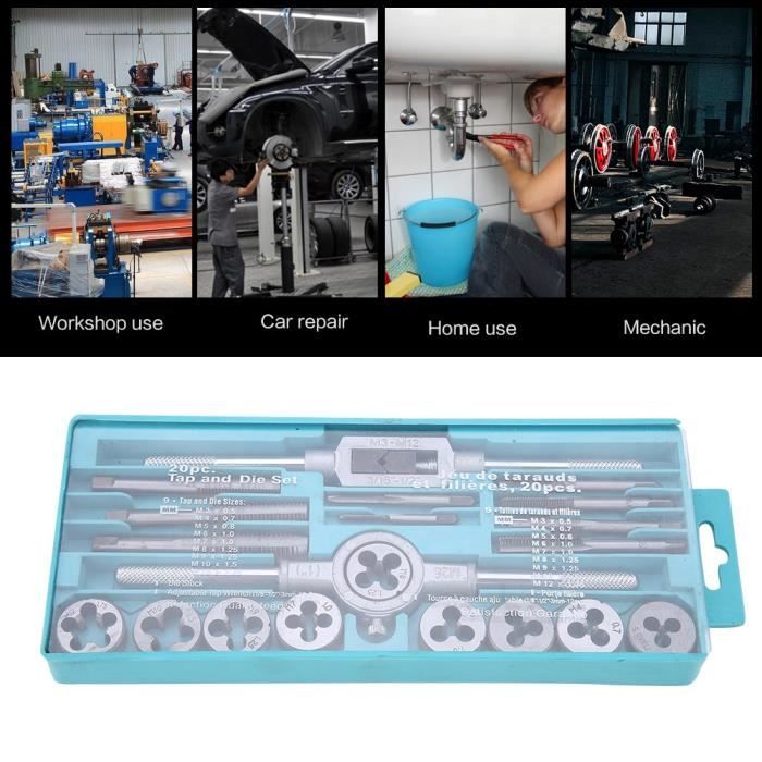 20 pièces ensemble de tarauds et matrices M3 ~ M12 filetage de vis et clé à taraud et clé à main ...