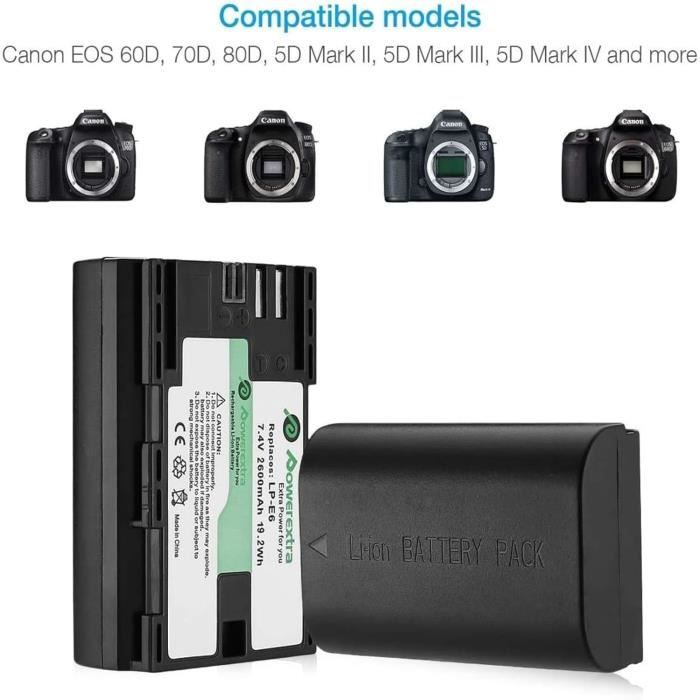 2 Remplacement Batteries Canon Lp-E6 Lp-E6N 2600Mah Pour Canon Eos 80D 6D 7D 70D 60D 5D Mark Iii ...
