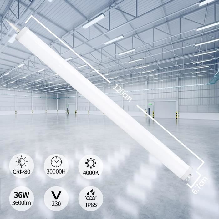 LED 120CM, Tube LED 36W 3600LM, Réglette IP65 Luminaire Plafonnier Néon ...