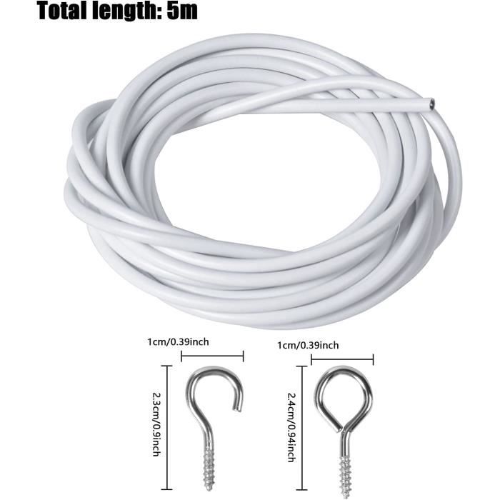 2M Cable pour Rideaux, Blanc Fil de Rideau avec 2 Pièces Piton à Visser ...