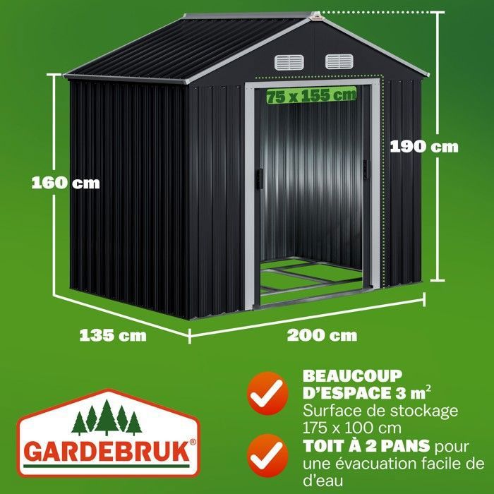 GARDEBRUK® Abri de jardin métal XL 2m² fondation 200x135x190cm porte ...