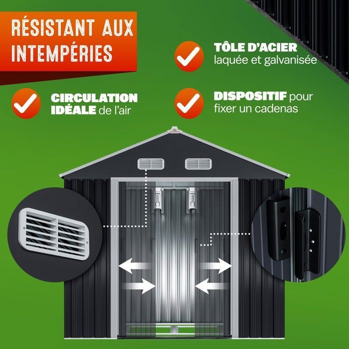 GARDEBRUK® Abri de jardin métal XL 2m² fondation 200x135x190cm porte ...