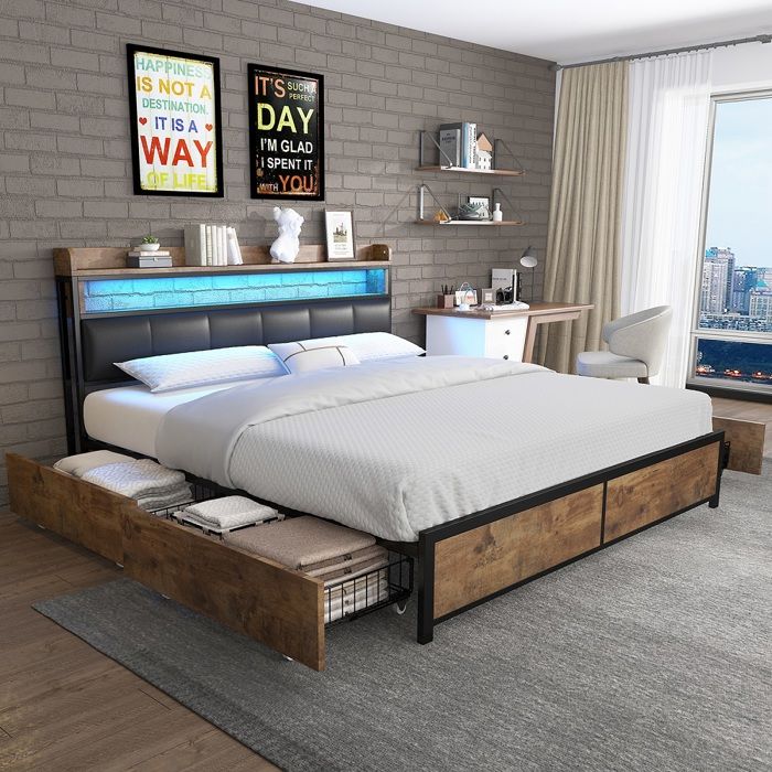 Lit 180x200 cm avec 4 tiroirs Lit rembourré avec lit LED lit pour ...