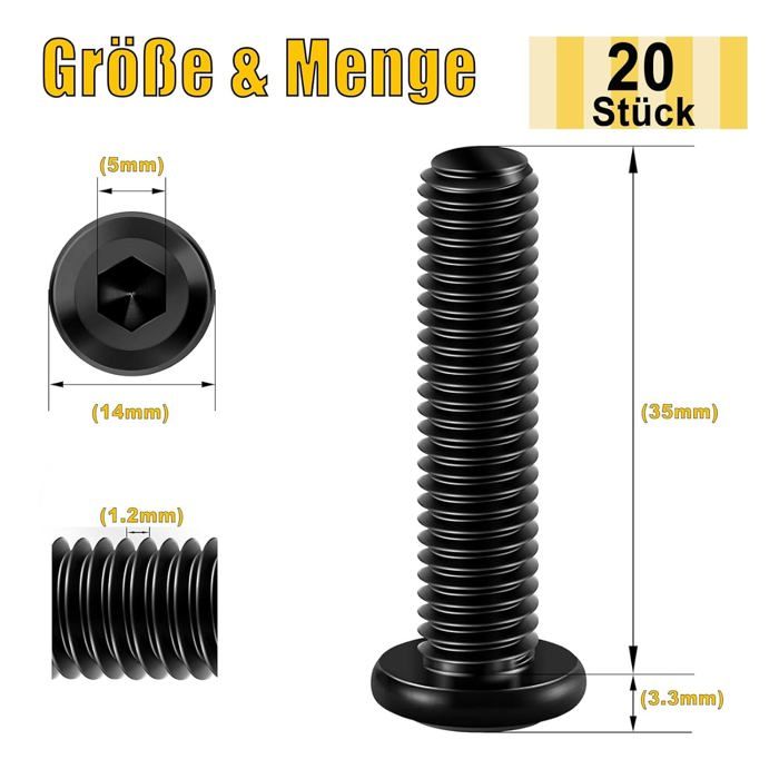 Lot de 20 vis M8 x 35 à tête plate à six pans creux en acier inoxydable A2 V2A, filetage complet ...