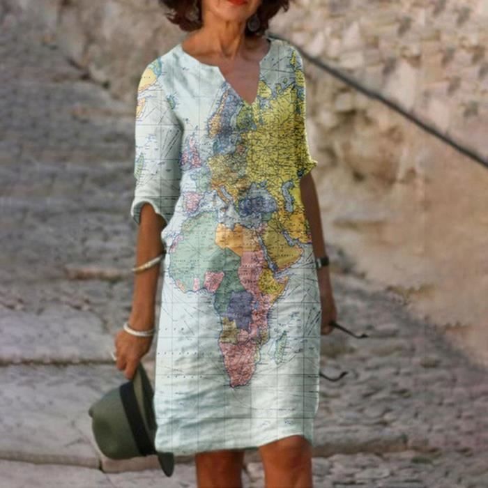 ROBE Femmes Robe Carte Imprimer V Cou Spring Spring Automne Vintage ...
