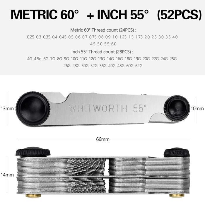 52 Pièces Peigne Filetage Métrique 0,25-6.0 Mm Et Whitworth 4G - 62 G ...