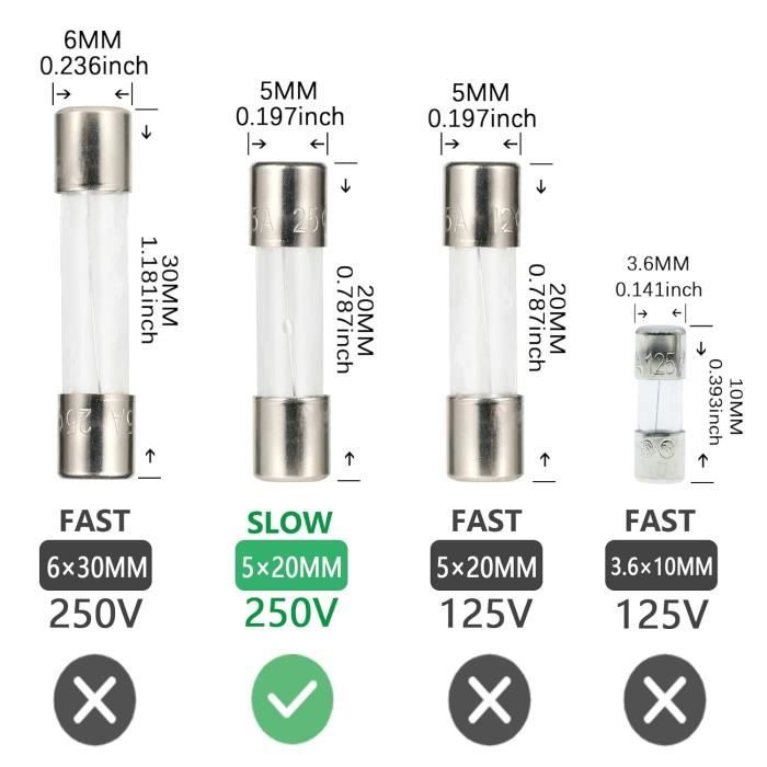1,25A 1,25 Ampère 250V Fusible Verre À Action Lente Temporisé Tube ...
