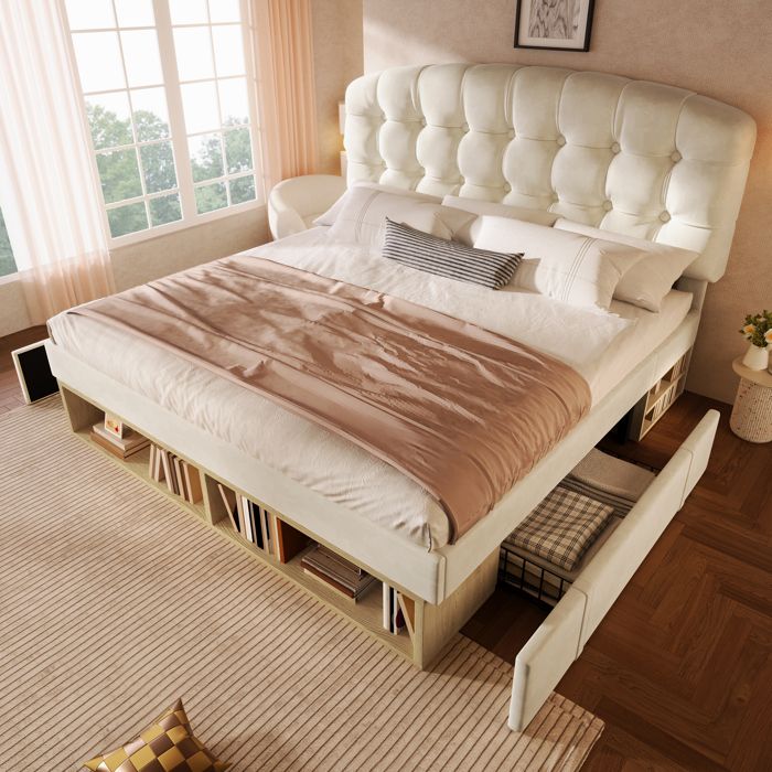 Lit double 140x200 cm en velours beige avec tiroirs, rangement et tête ...