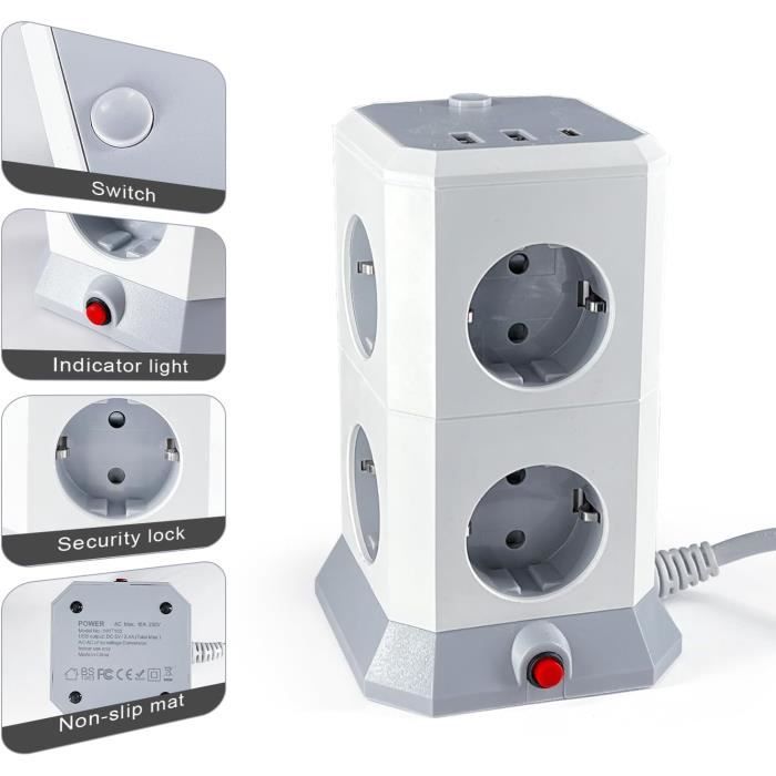8 voies multiple socket cube, 2 fiches multiples USB 1 type C, prises 8 en 1 avec interrupteur ...
