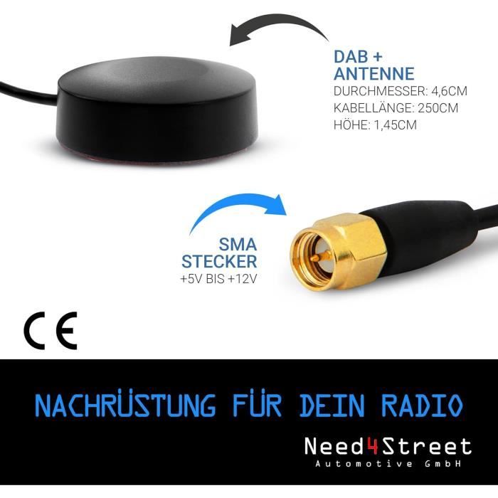 Antenne DAB+ pour équiper l'autoradio, fiche SMA, longueur du câble 250 ...