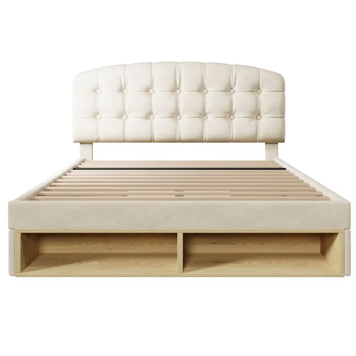 Lit double 140x200 cm en velours beige avec tiroirs, rangement et tête ...