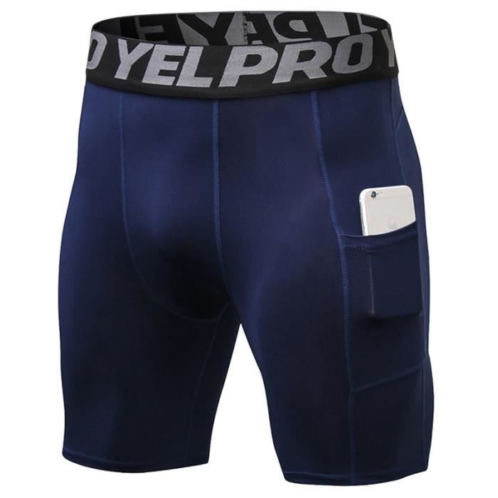 Short de Compression Homme - Marque - Modèle - Bleu - Fitness - Poches ...