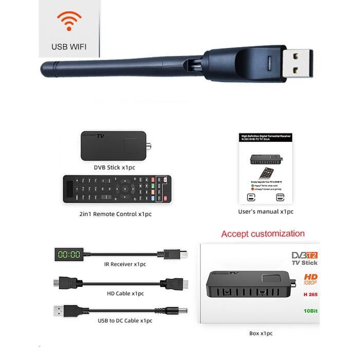 DirBAL DVB-T2 TDT TV Tuner Décodeur DVB-C 10 bits HEVC Mini Autocollant ...