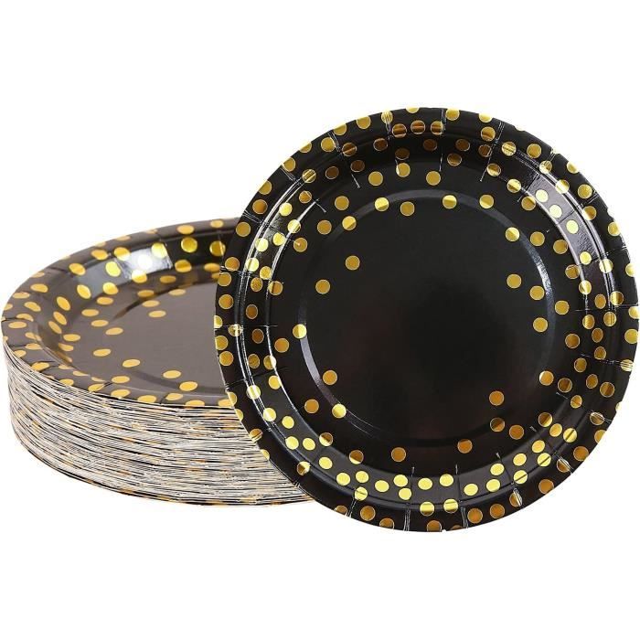 Lot de 50 Assiette Jetable Or Noir 17,8 cm, Kit Vaisselle Jetable ...