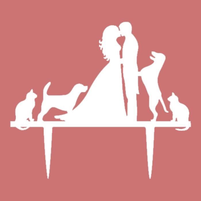 FIGURINE DECOR DE GATEAU,white--Drapeau de marié avec chien et chat ...