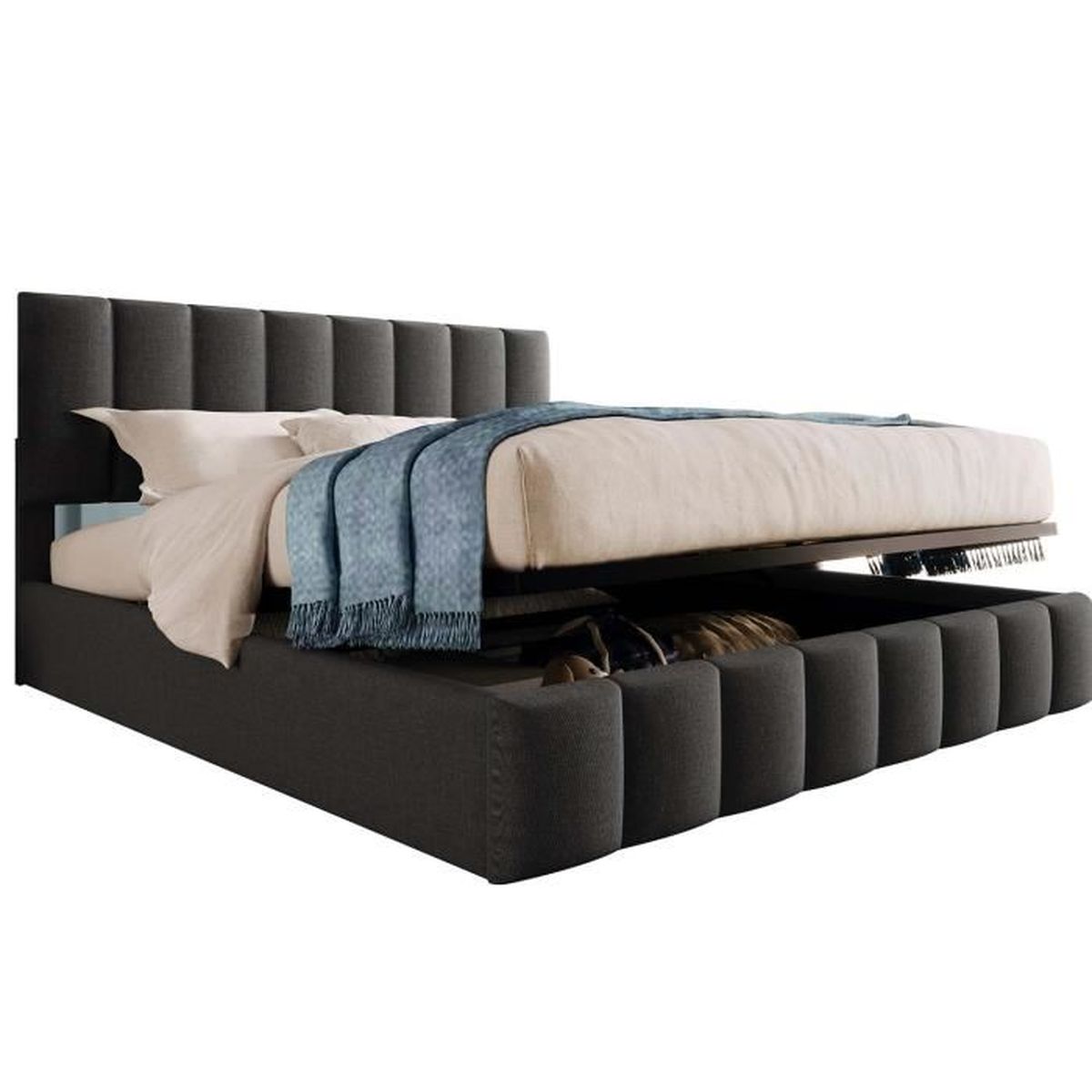 Lit coffre 140x200cm, avec sommier à lattes métalliques, Matériau lin ...