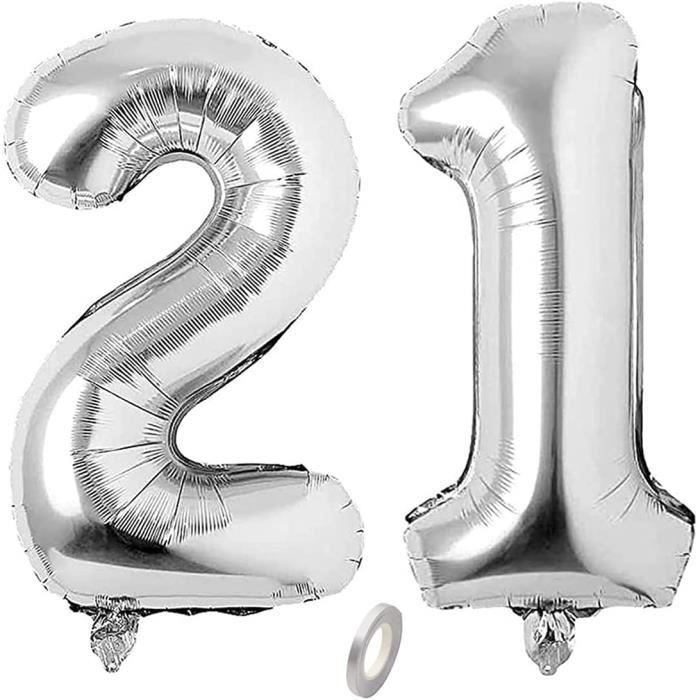 Ballons En Forme De Chiffres 21 Ans D'Anniversaire - En Argent - Avec ...