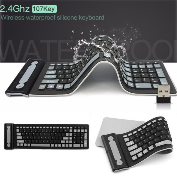 Clavier sans fil pliable - Silicone - USB 2.4G - Étanche - Silencieux ...