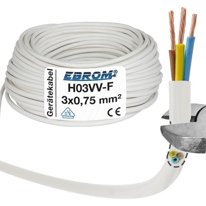 Tuyau H03Vv-F 3G0,75 Mm2-3 X 0,75 Mm2 - Blanc - 10 M, 25 M, 50 M Ou 100 ...