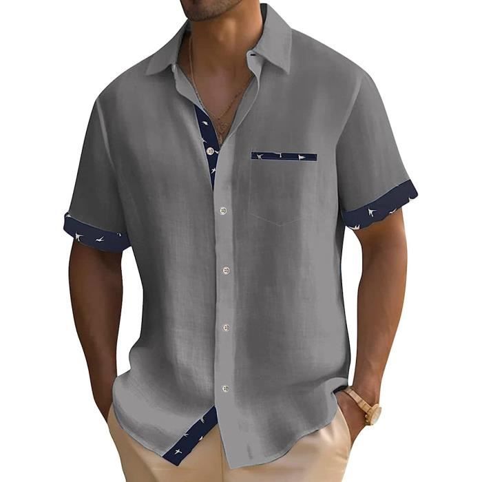 Chemise Homme Carreaux Manche Courte Coton Lin avec Poche Poitrine ...