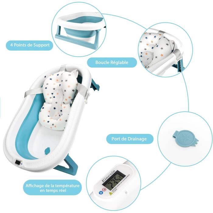 Einesin XXL Baignoire Pliable Bébé avec Thermomètre à eau,Coussin,Rince ...