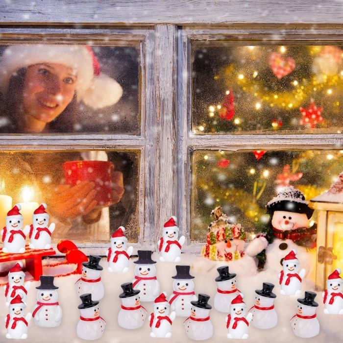 20 mini bonhommes neige résine noir/rouge, décor intérieur/extérieur ...