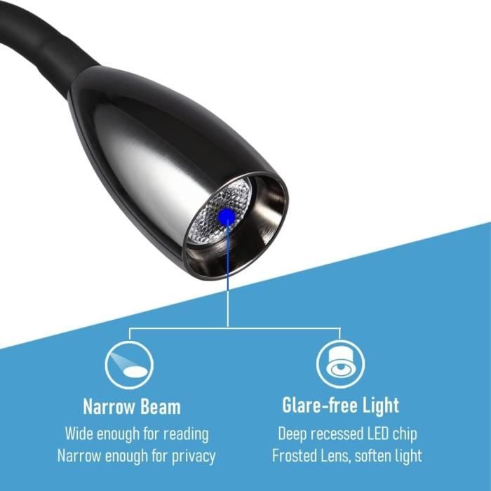 Lampe de Lecture LED 12V Camping-Car avec Chargeur Type C Lit Murale Chevet Spot, Col de Cygne ...