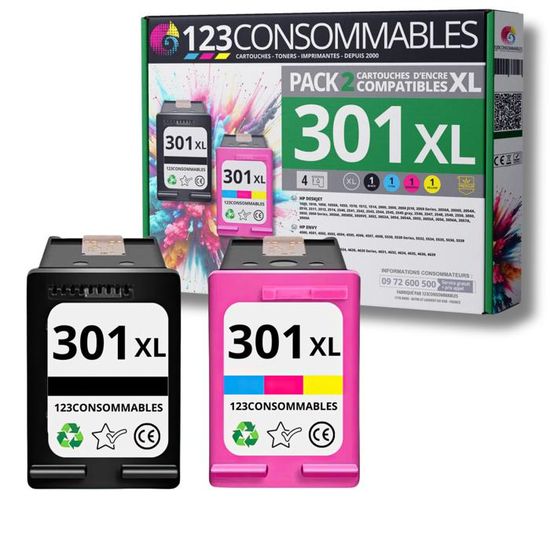 123CONSOMMABLES - 301XL - Pack 2 cartouches pour HP 301 XL noir et couleur pour HP Envy 4500 ...