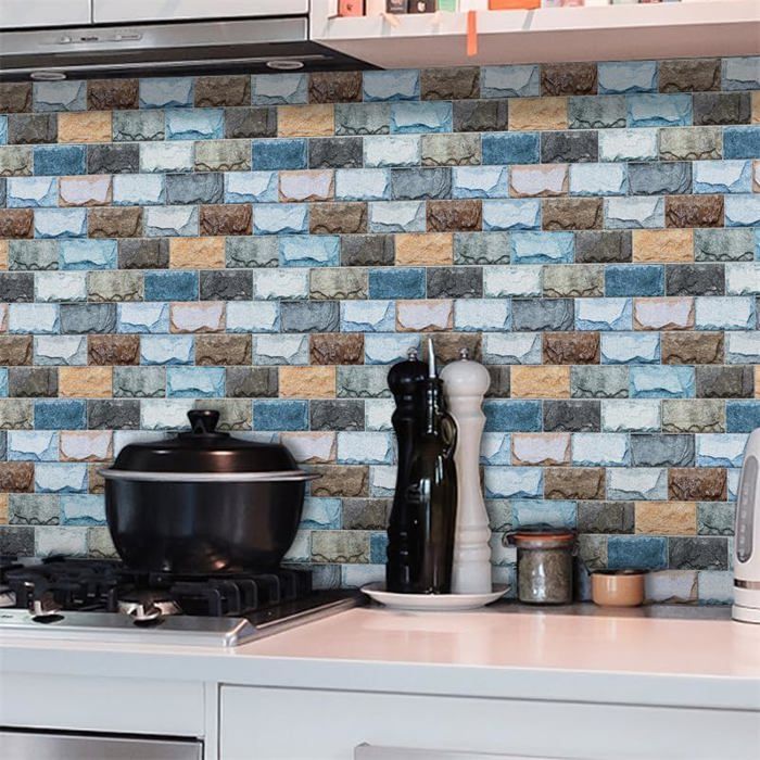 Stickers Cuisine Briques Bleues Credence Adhesive Pour CuisineCarrelage ...