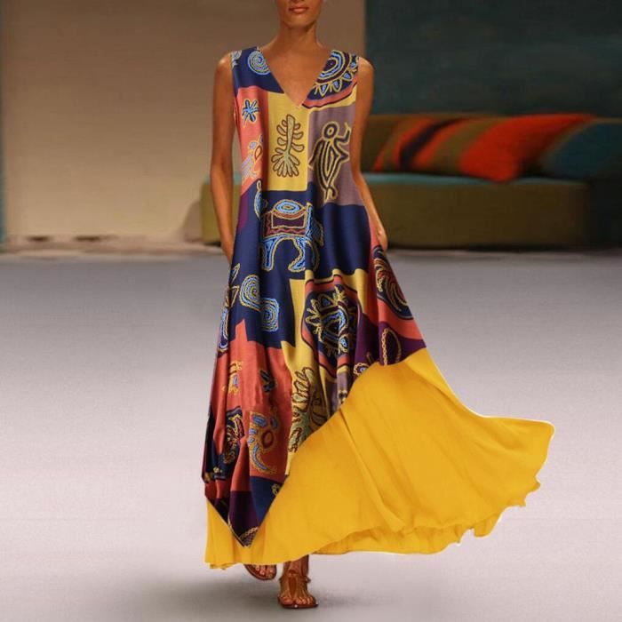 Robe,Robe longue d'été sans manches pour femmes, Vintage, imprimé ...