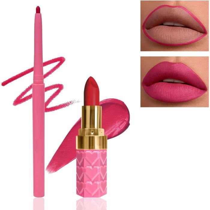 2 Pièces Rouge À Lèvres Mat Et Crayon À Lèvres,Velouté Longue Durée ...