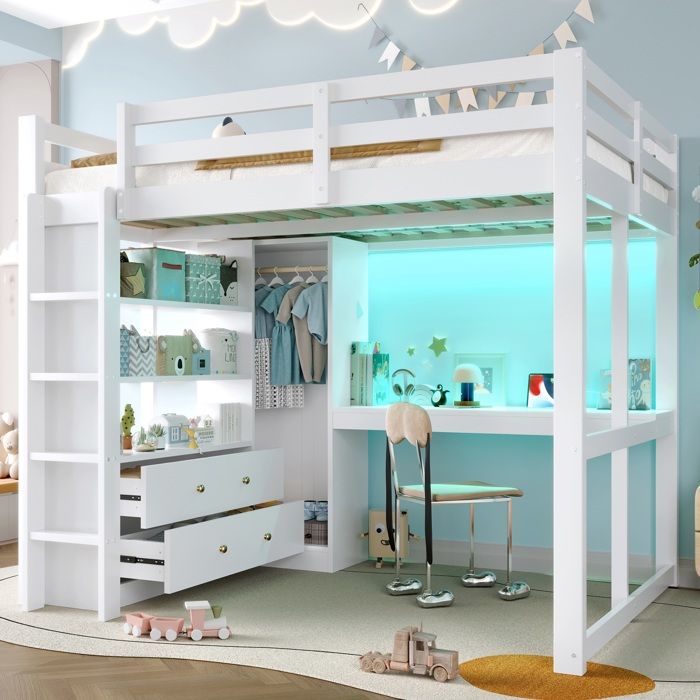 Lit mezzanine enfant 2 places 140×200 cm Lit double en bois avec bureau ...