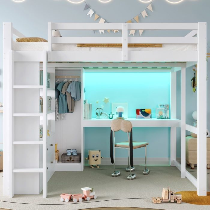 Lit mezzanine enfant 2 places 140×200 cm Lit double en bois avec bureau ...