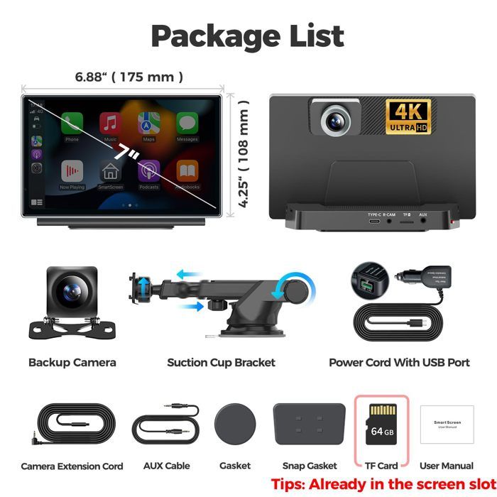 Autoradio sans Fil 7'' A-pple Carplay Voiture, Écran Tactile Portable ...